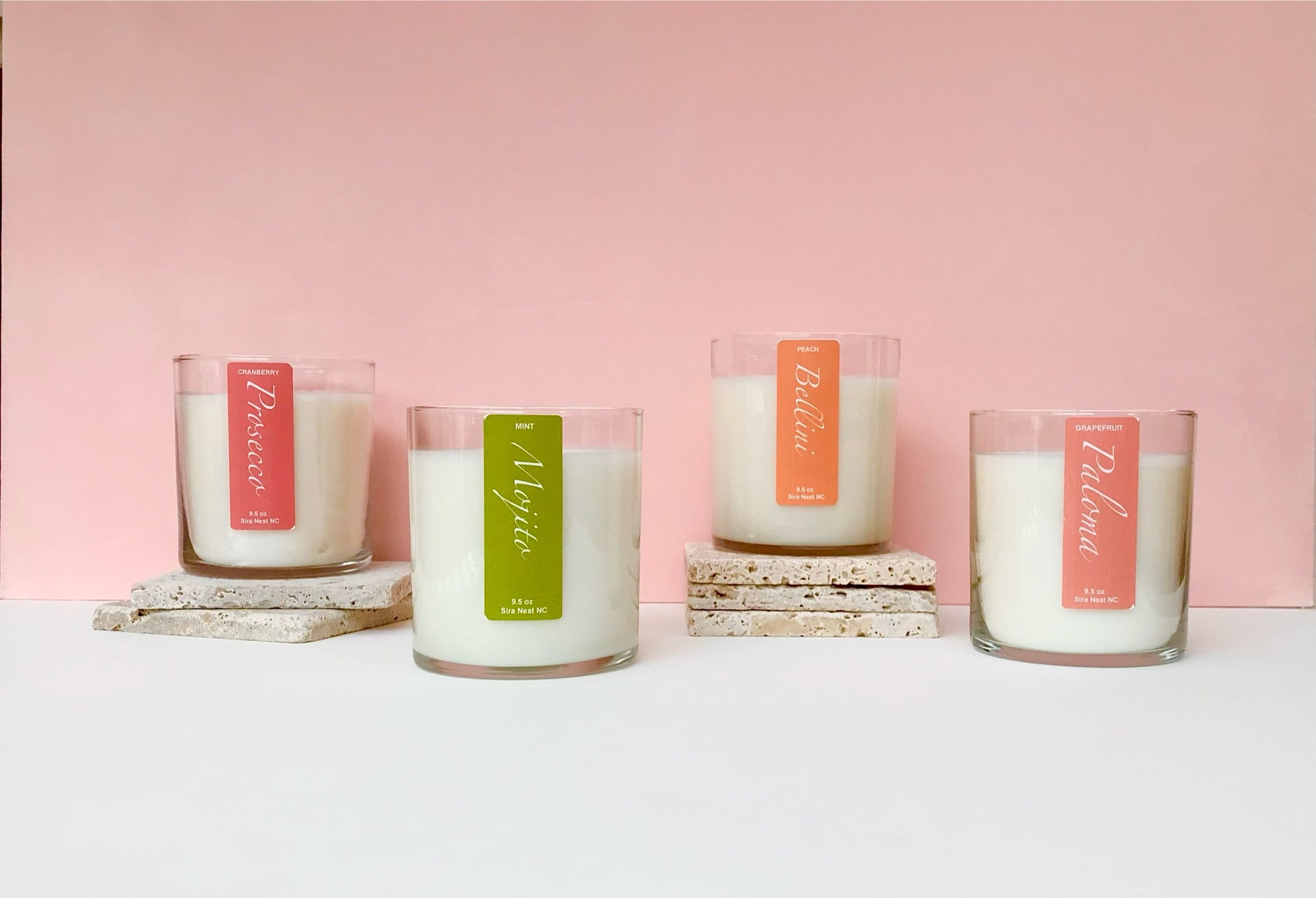 Hand-poured scented coconut and soy candles.